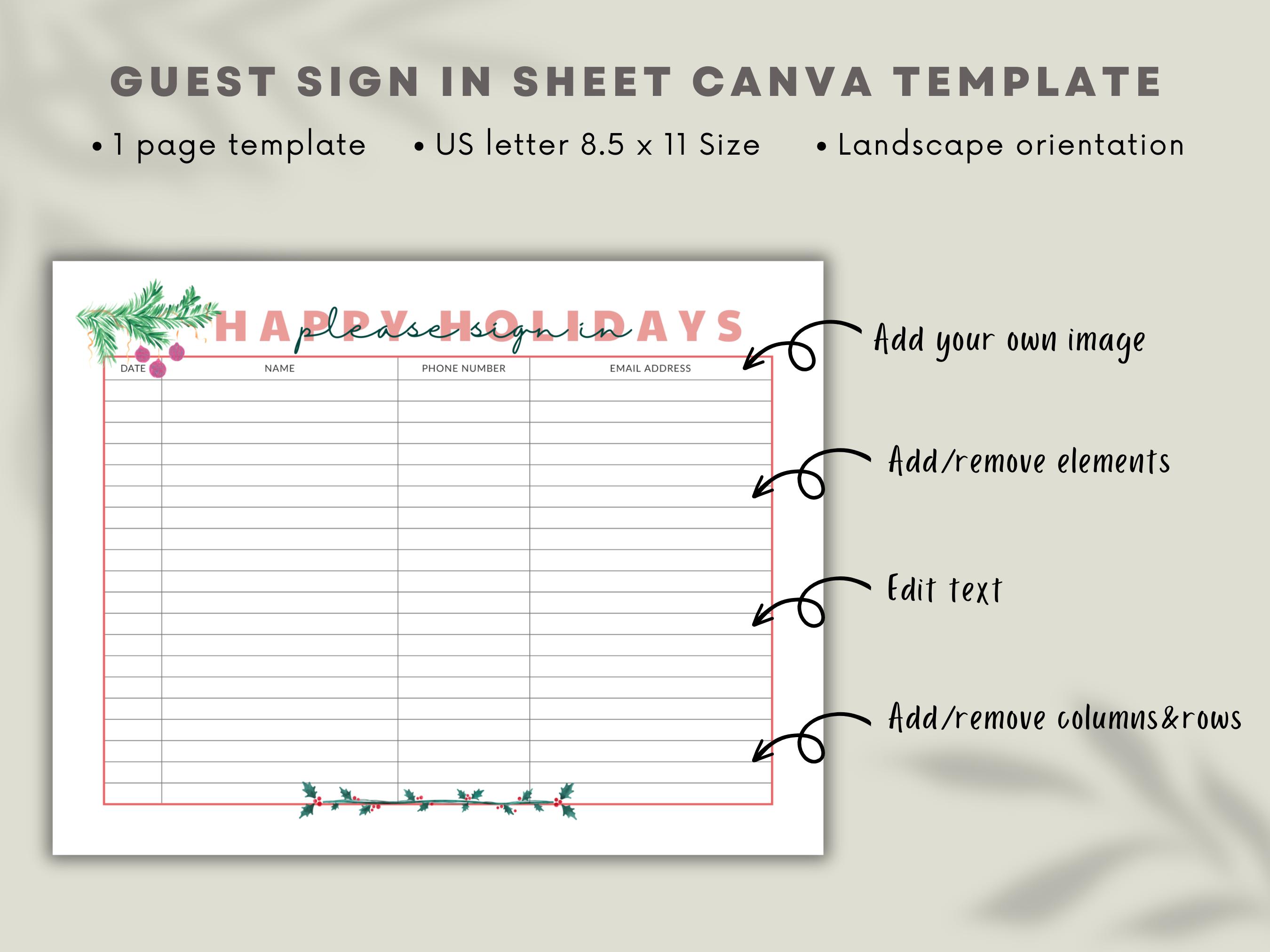 Christmas Theme Guest Sign in Sheet Template Canva Modern Holiday Theme ...