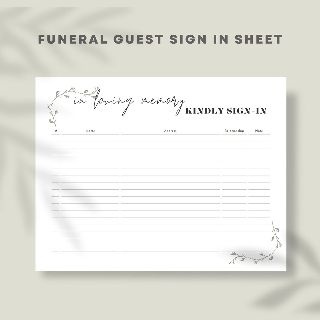 Funeral Guest Sign-in Sheet: Modern Leaf Design (PDF Download) - Etsy