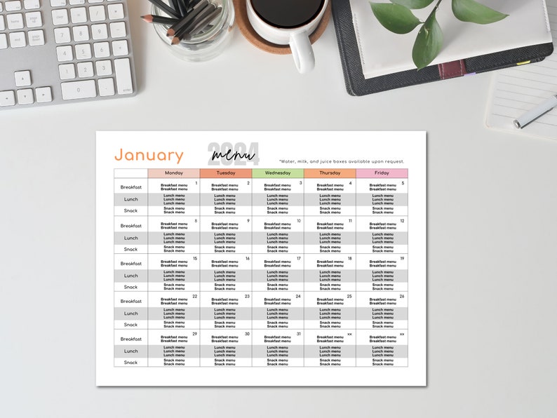 Daycare Monthly Meal Menu Template: Editable Calendar (canva Digital ...