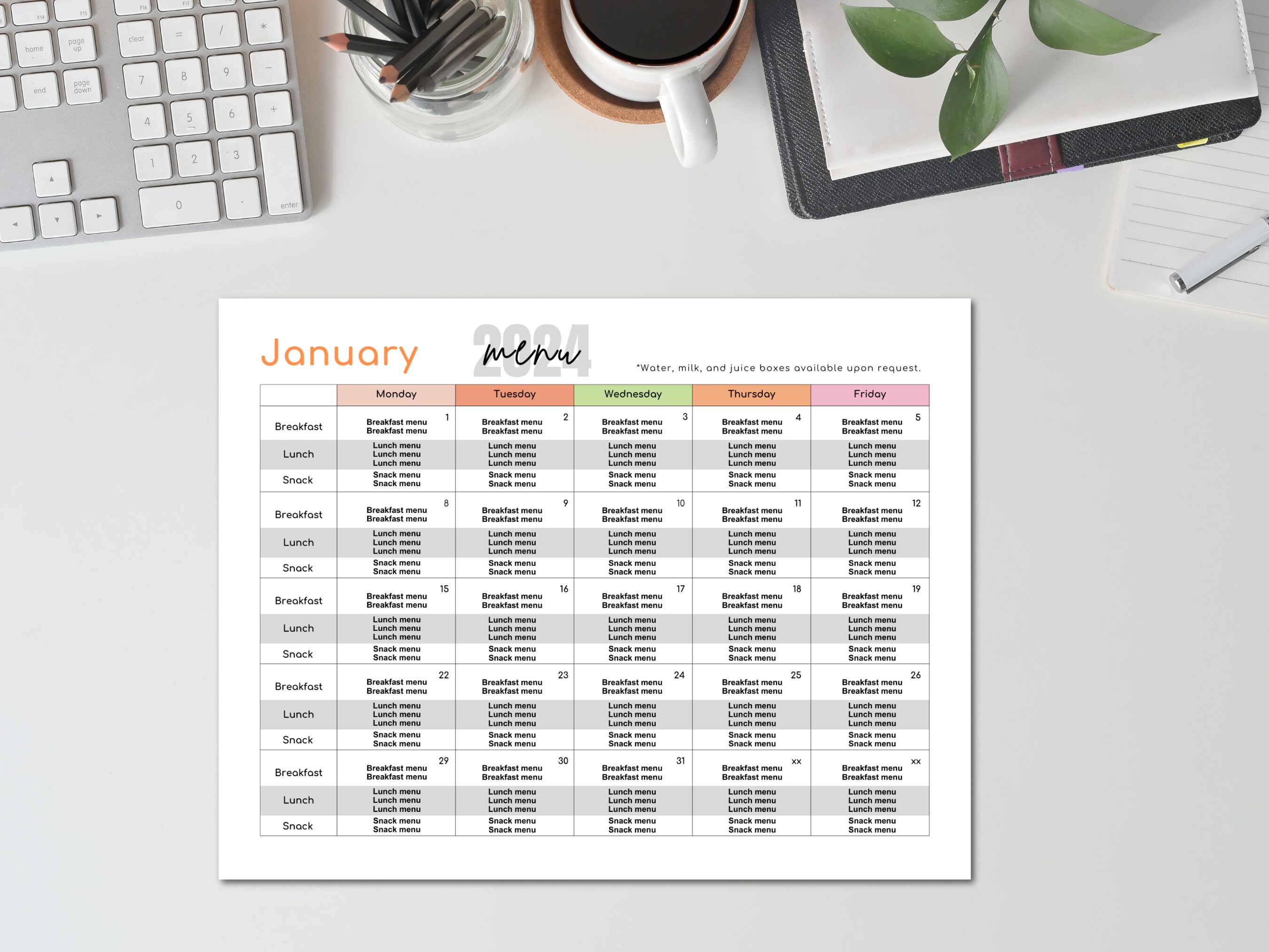 Daycare Monthly Meal Menu Template: Editable Calendar (canva Digital ...