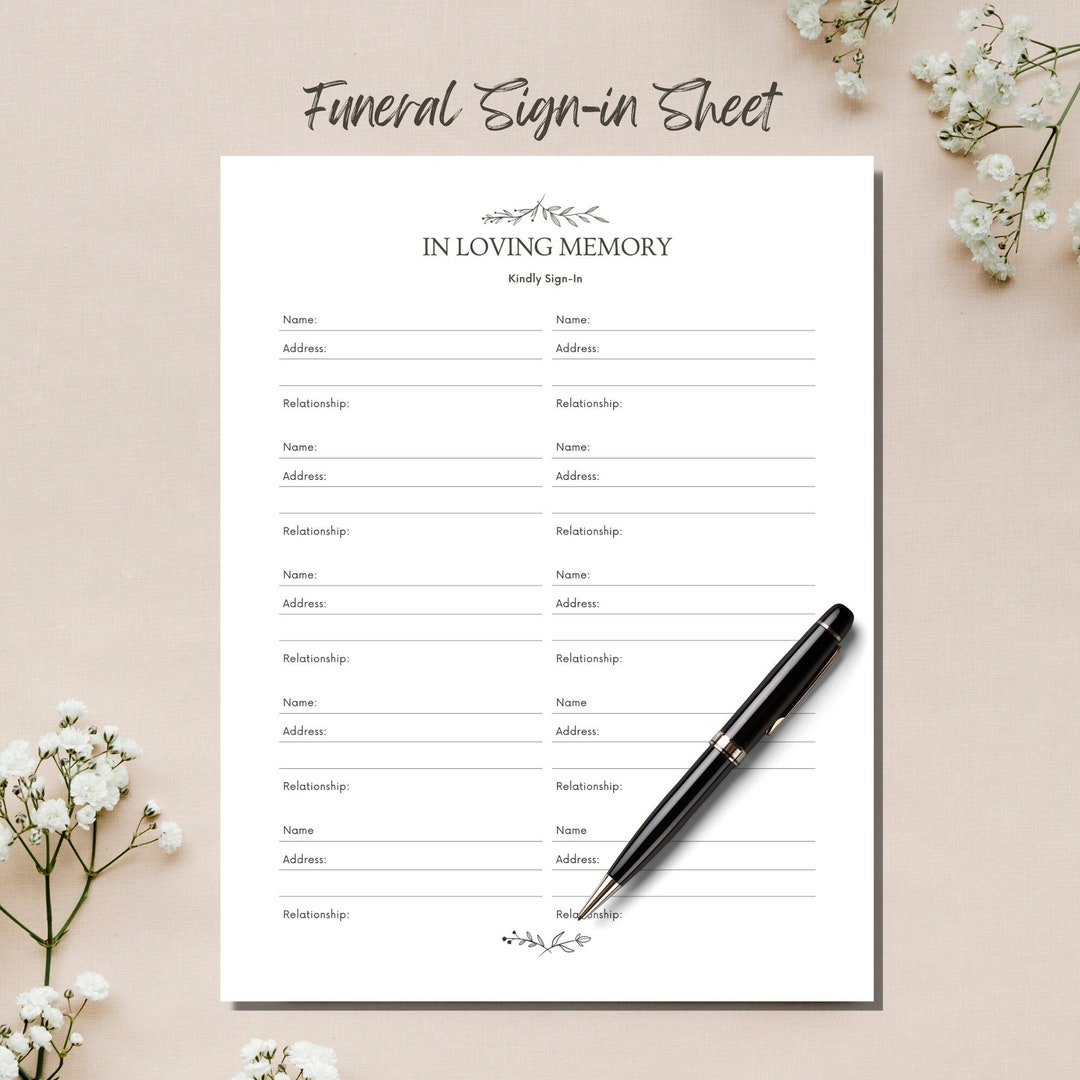 Funeral Sign in Sheet Printable Funeral Guest Check in Sheet - Etsy