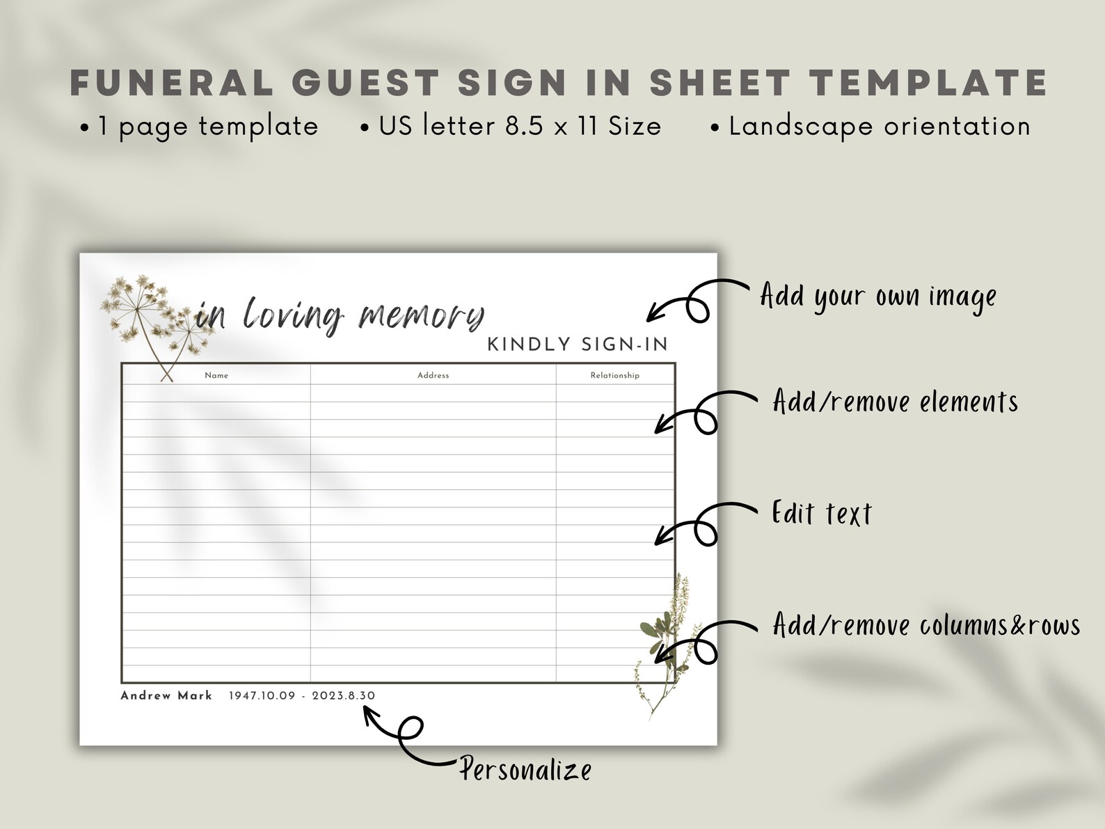 Funeral Guest Sign-in Sheet Template: Editable Canva Insert (digital ...