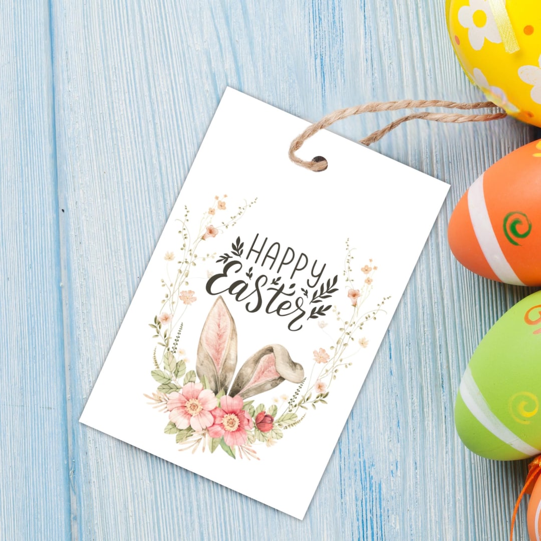 Happy Easter Gift Tag Printable Bunny Ear Watercolor Easter Gift Bag ...