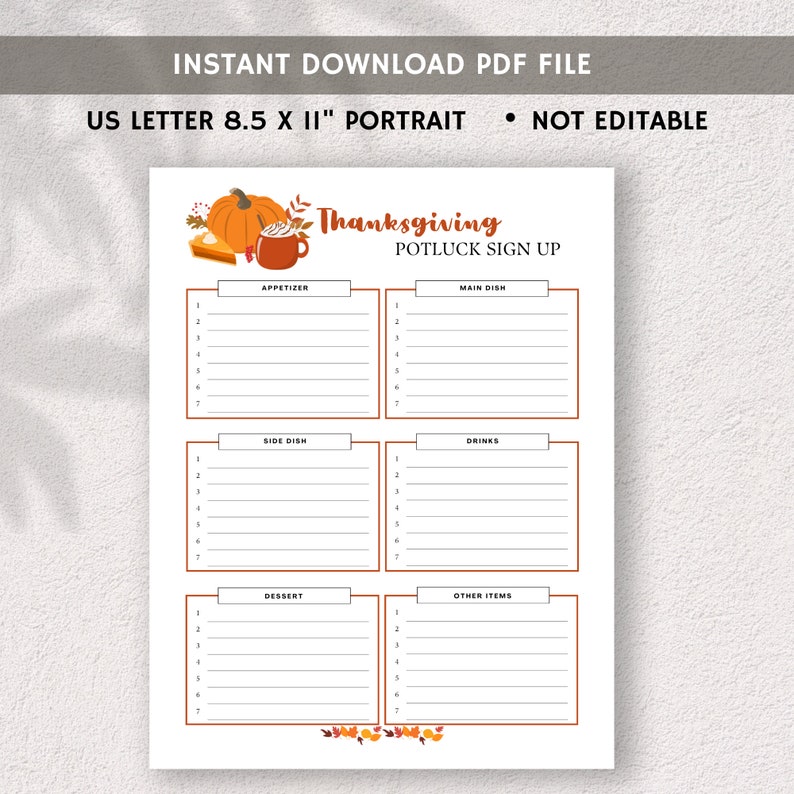 Thanksgiving Potluck Sign up Sheet Printable Fall Party Food Sign up ...