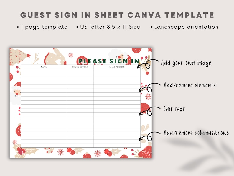 Guest Sign in Sheet Template Modern Holiday Theme Check in Sheet ...