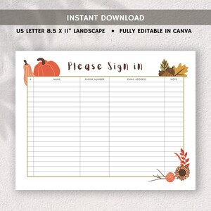 Fall Theme Sign-in Sheet Template Canva Sign in Sheet Editable Template ...