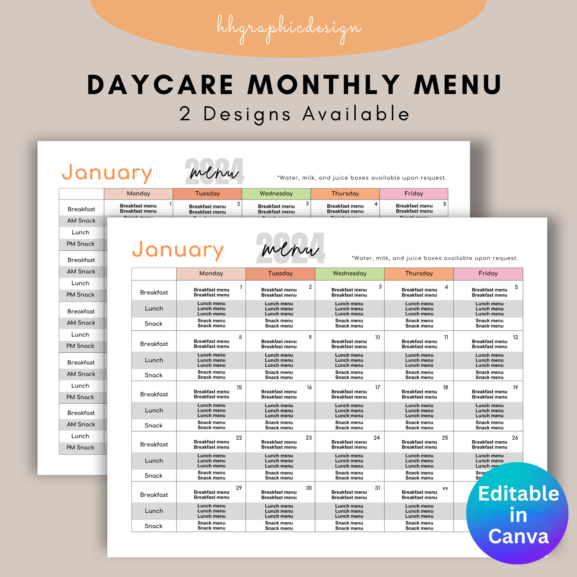 Daycare Monthly Meal Menu With Calendar Dates Template Canva Simple ...