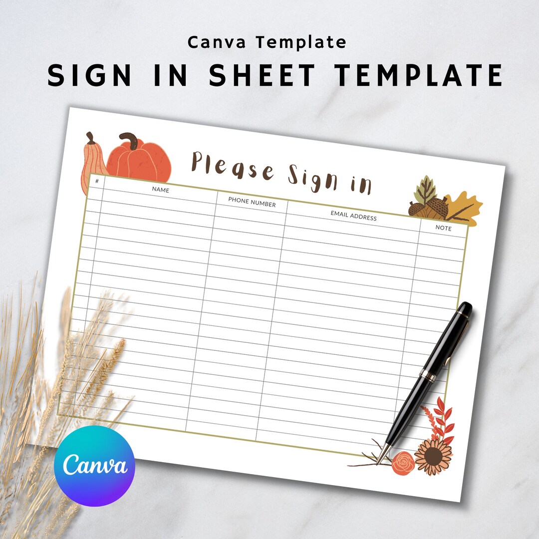 Fall Theme Sign-in Sheet Template Canva Sign in Sheet Editable - Etsy