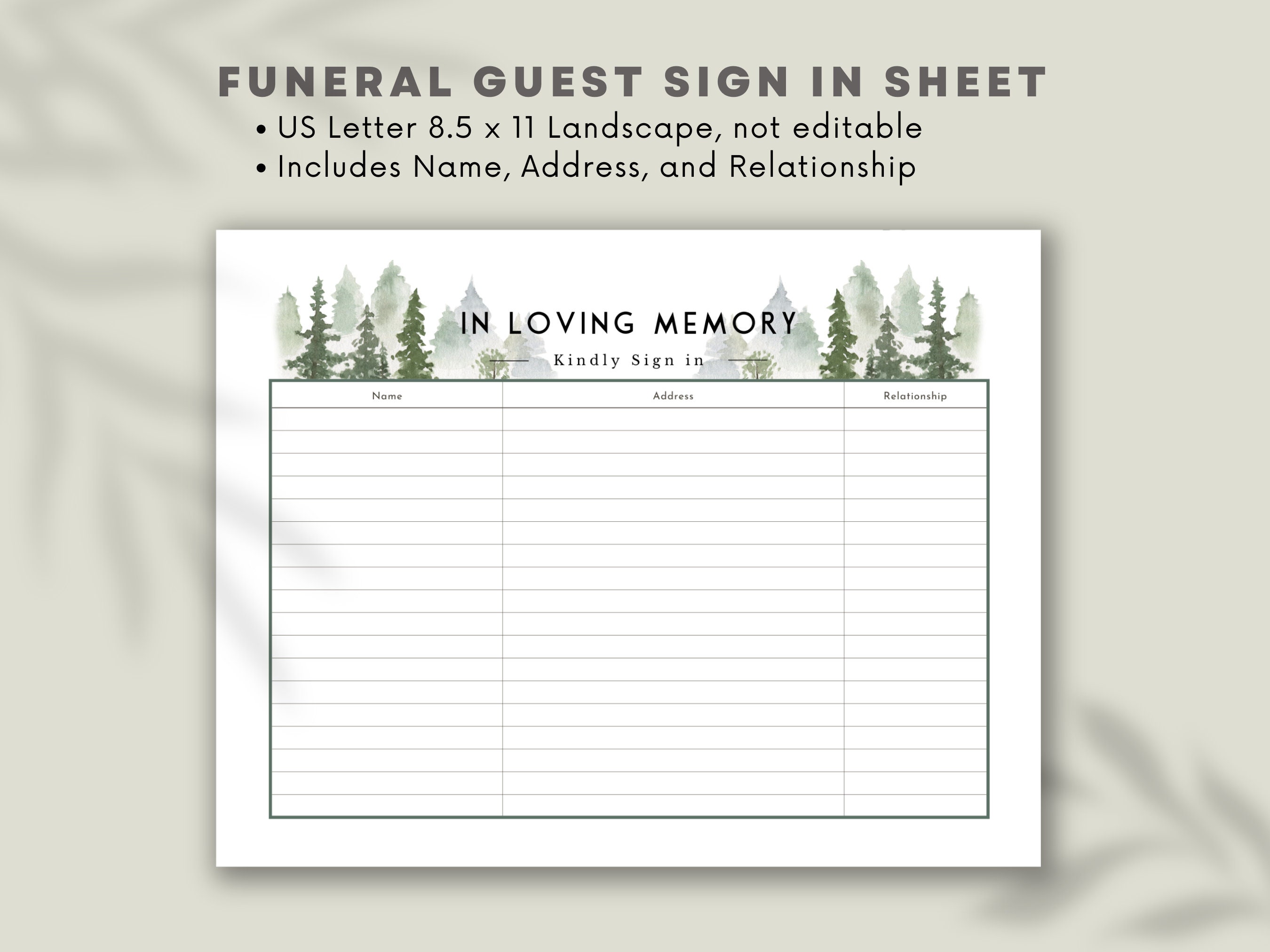 Funeral Guest Sign in Sheet Printable Forest Design Funeral Guest Book ...