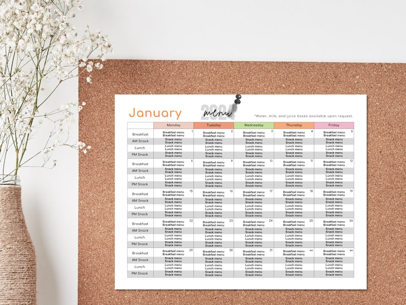 Daycare Monthly Meal Menu Template: Editable Calendar (canva Digital ...