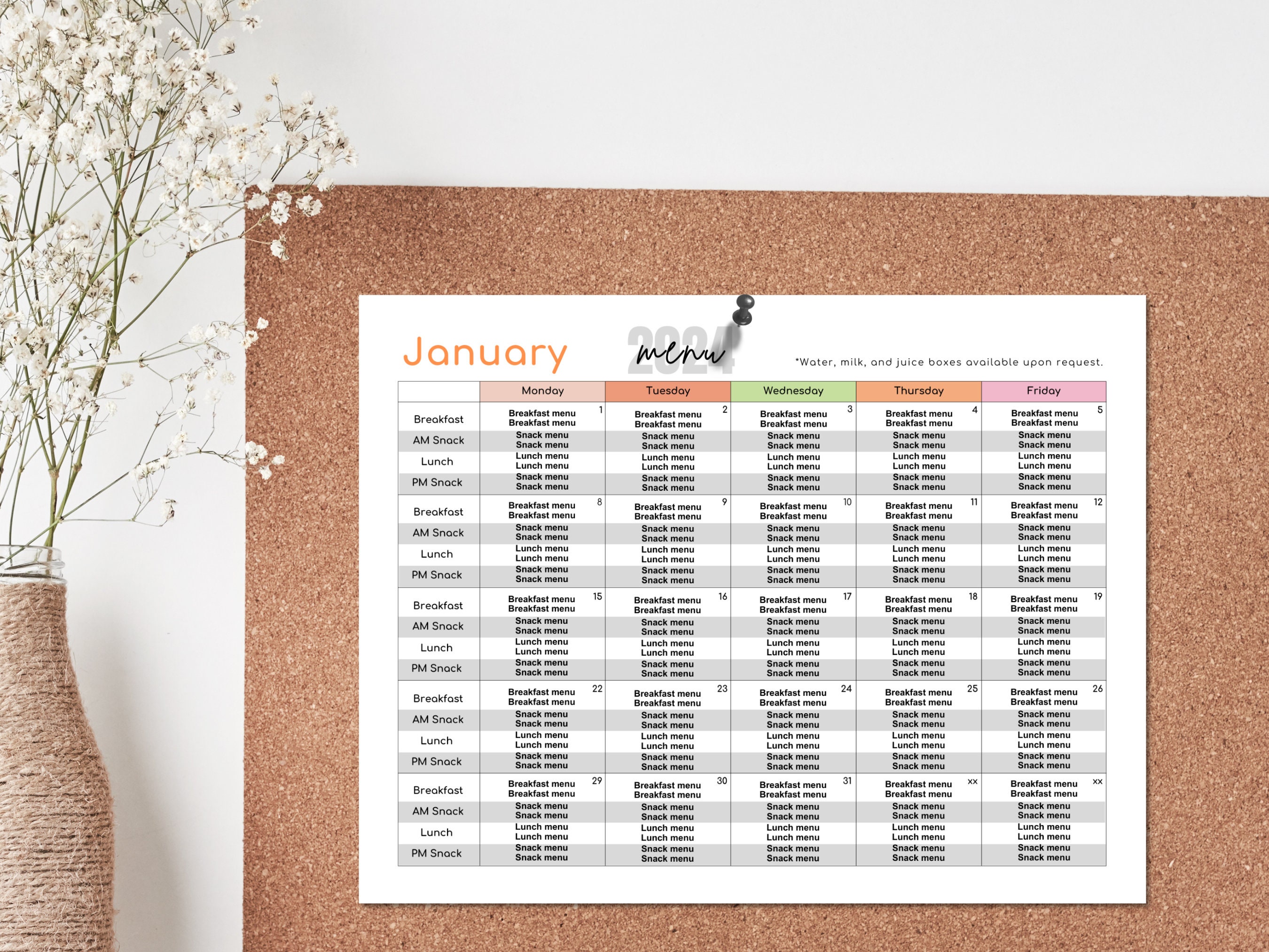 Daycare Monthly Meal Menu Template: Editable Calendar (canva Digital ...