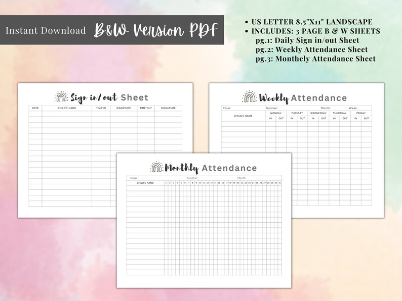 Daycare Attendance Sheet Bundle: Daily, Weekly, Monthly (printable PDF ...