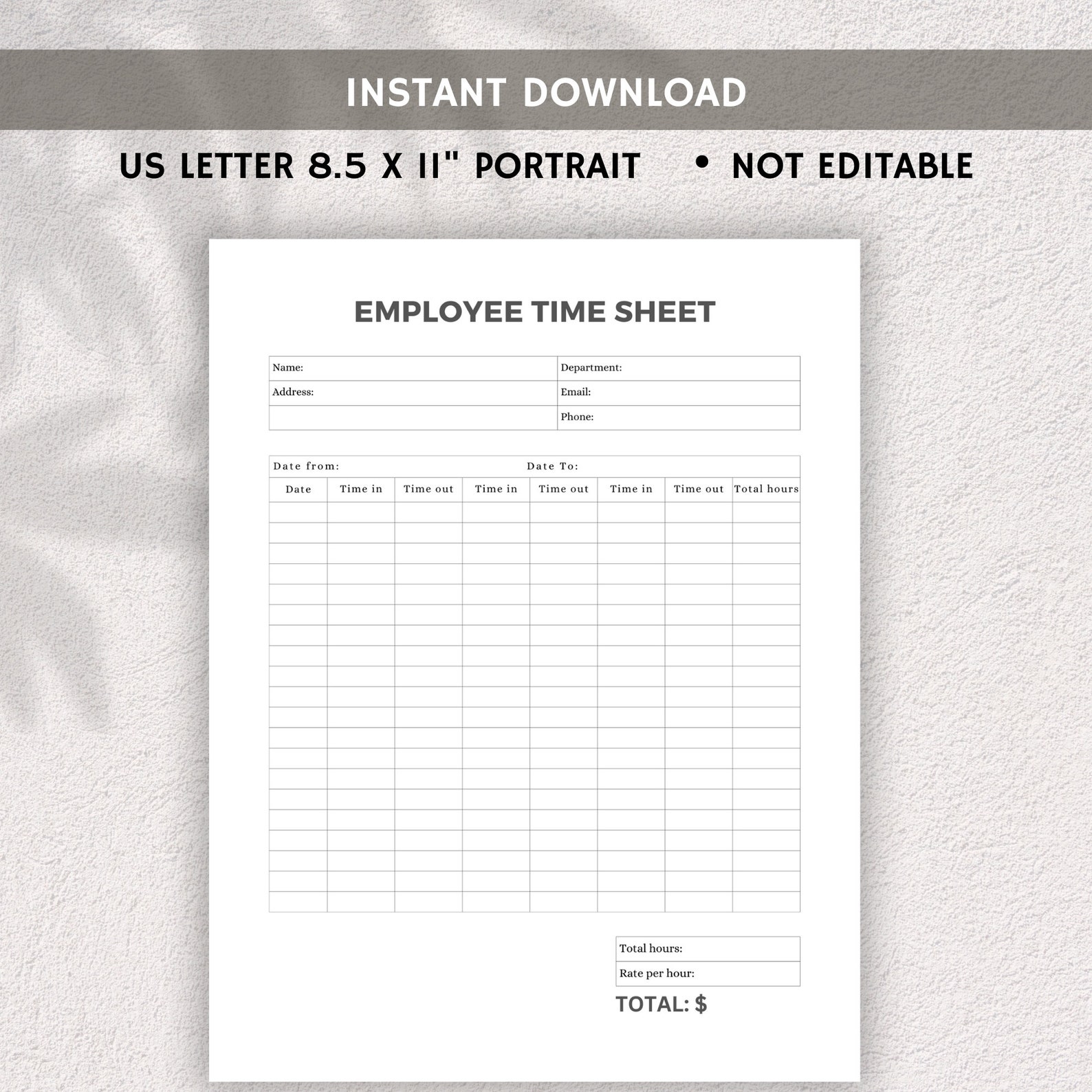 Employee Time Sheet Printable Work Time In and Time Out Tracker Sheet ...