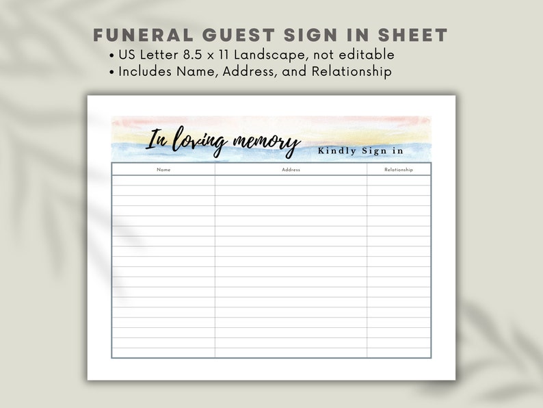 Funeral Guest Sign in Sheet Printable Ocean Watercolor Design Funeral ...