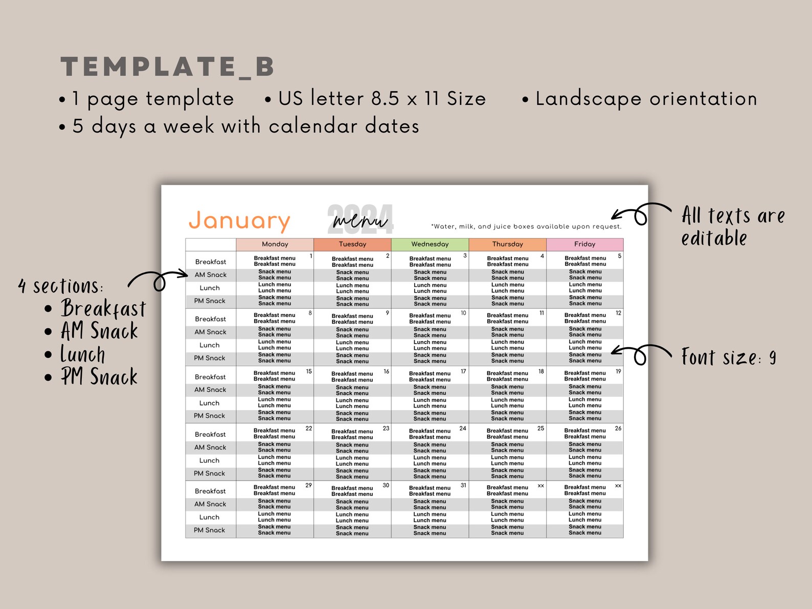 Daycare Monthly Meal Menu Template: Editable Calendar (canva Digital ...