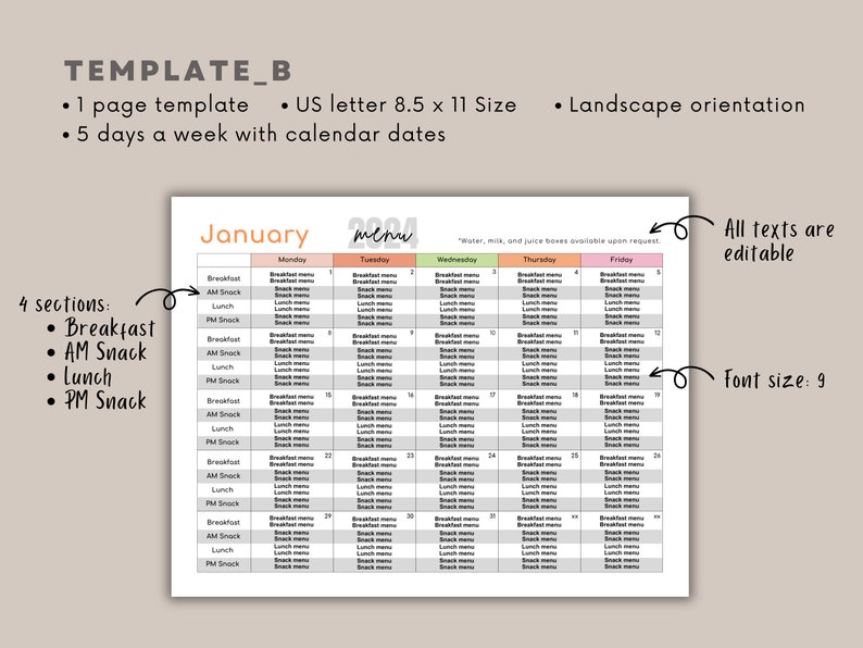Daycare Monthly Meal Menu Template: Editable Calendar (canva Digital ...
