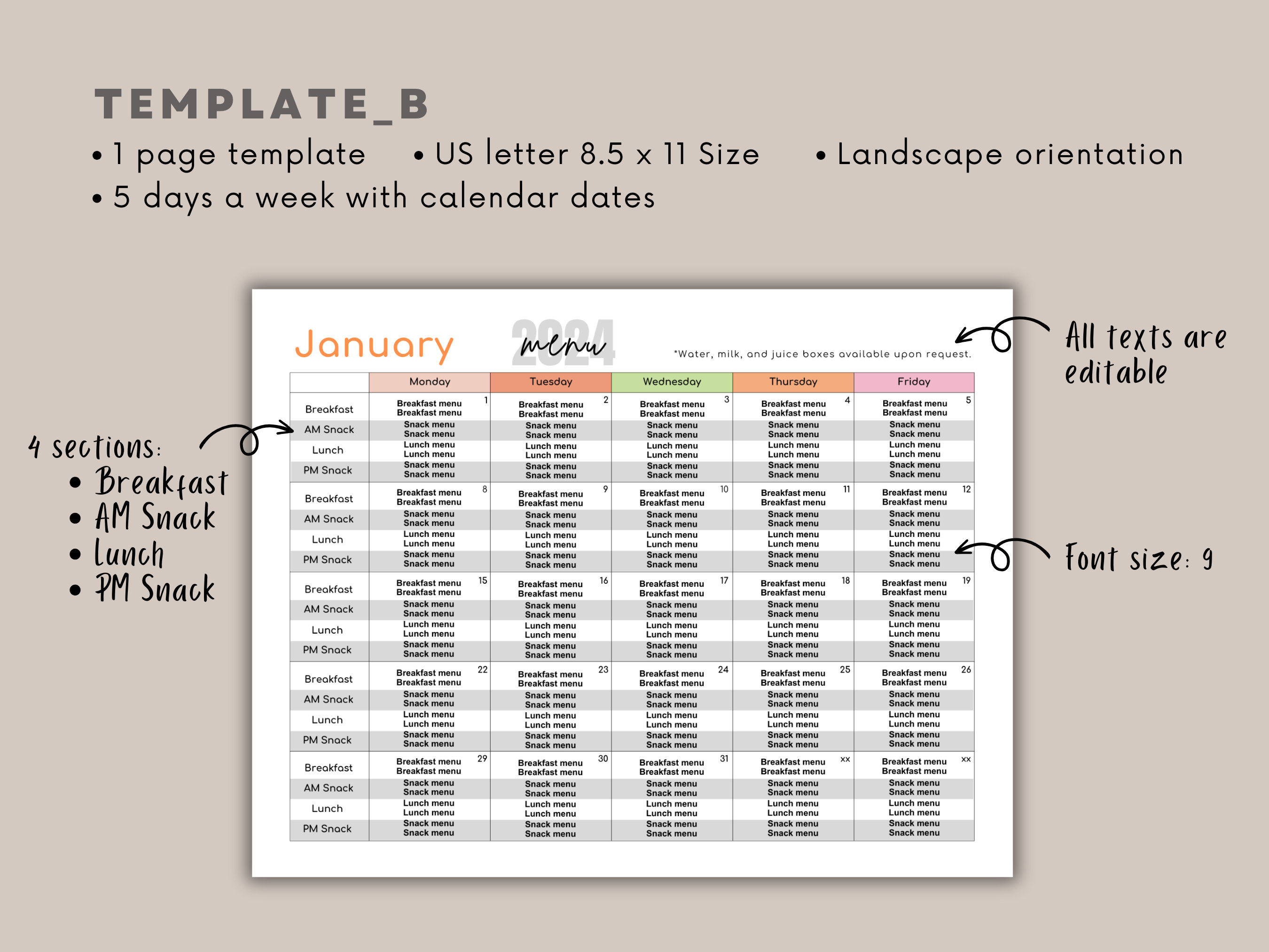 Daycare Monthly Meal Menu Template: Editable Calendar (canva Digital ...