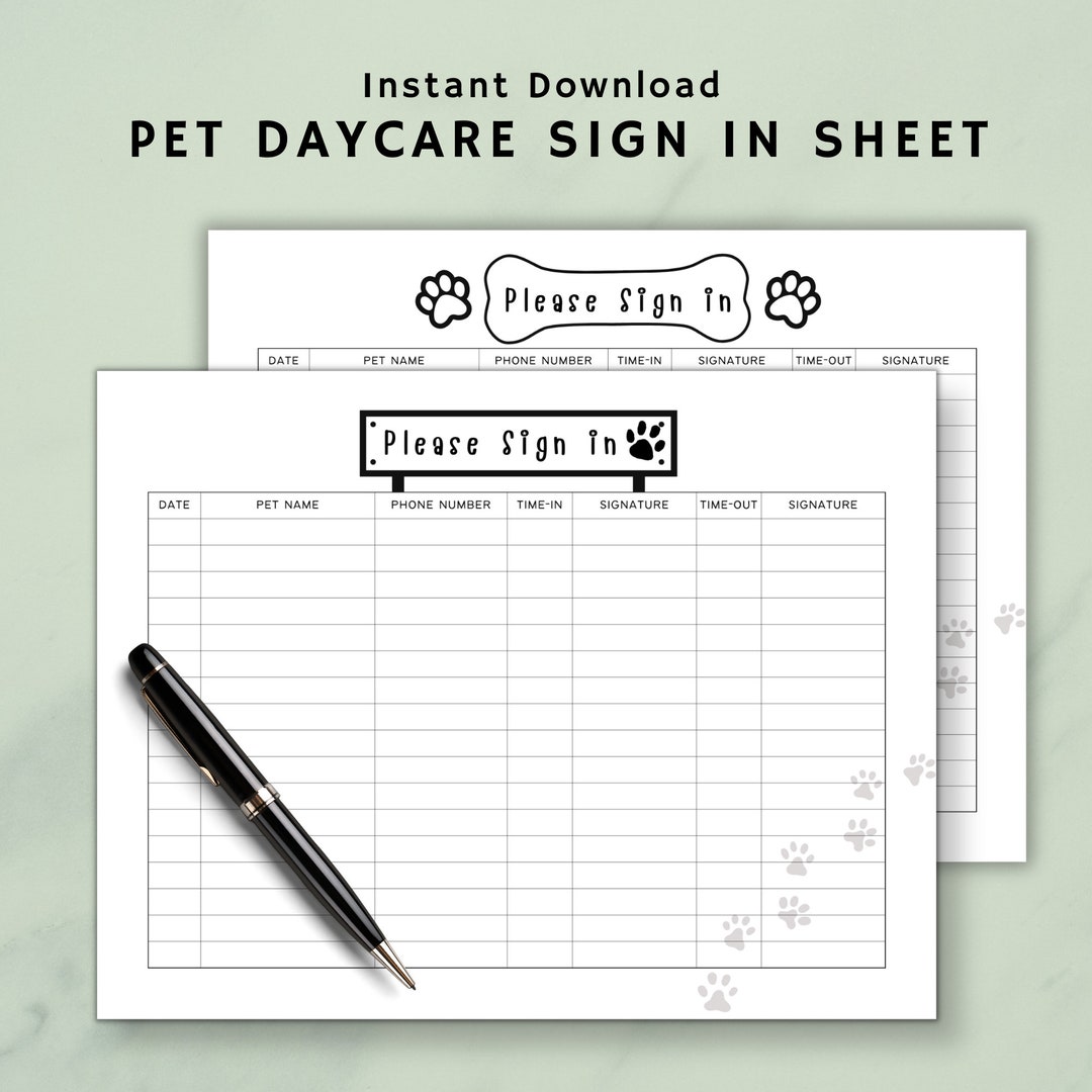 Pet Daycare Sign in and Out Sheet Printable Dog Daycare Check in Sheet ...