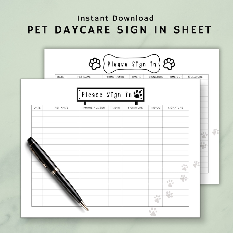 Pet Daycare Sign In/out Sheet Printable: Modern Design (PDF Download ...