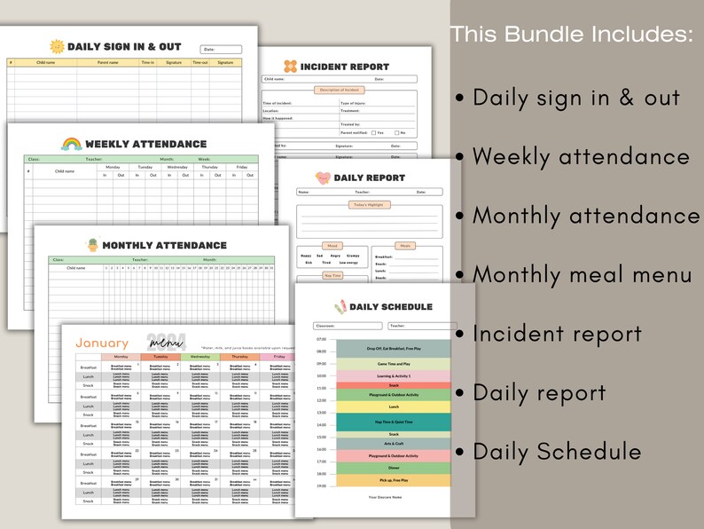 Daycare Template Bundle Daily Sign in & Out, Weekly and Monthly ...