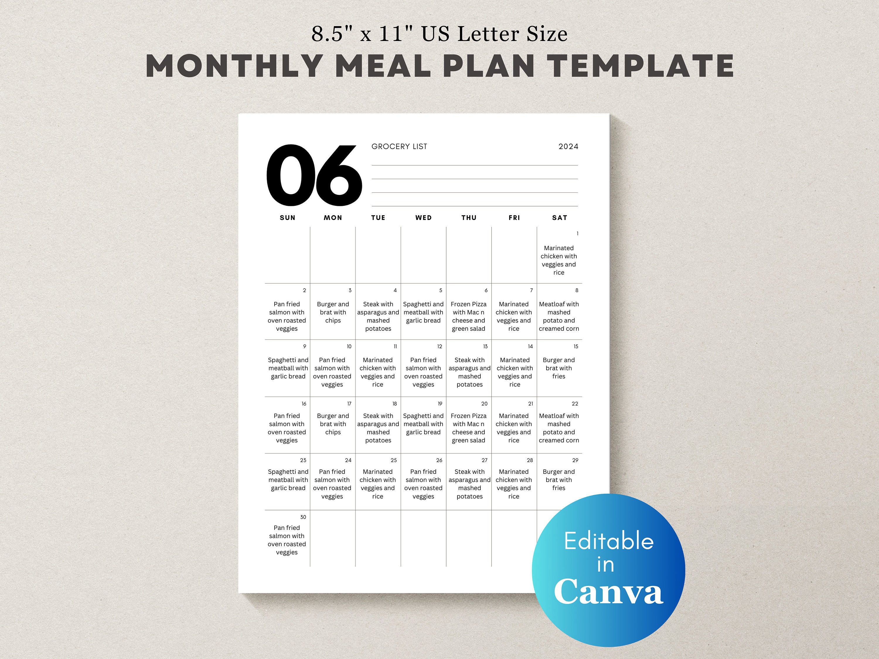 Monthly Meal Planner Template With Calendar Dates, Editable Meal Menu ...