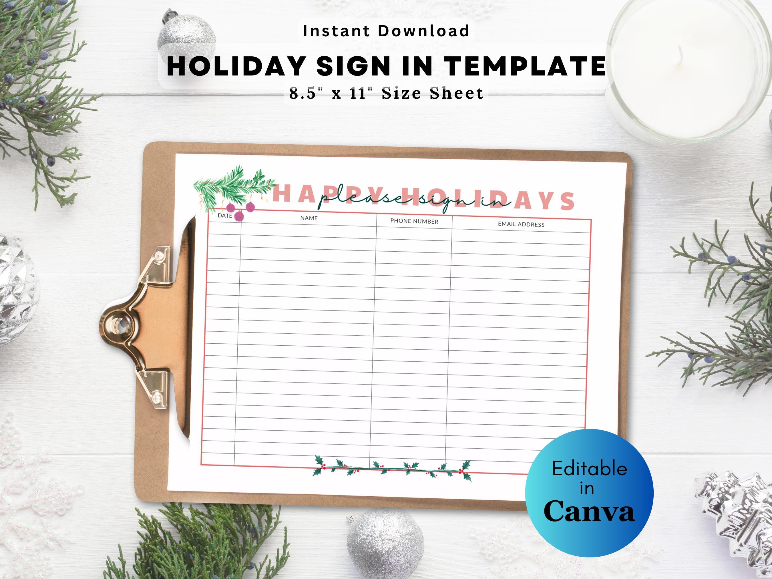 Christmas Theme Guest Sign in Sheet Template Canva Modern Holiday Theme ...