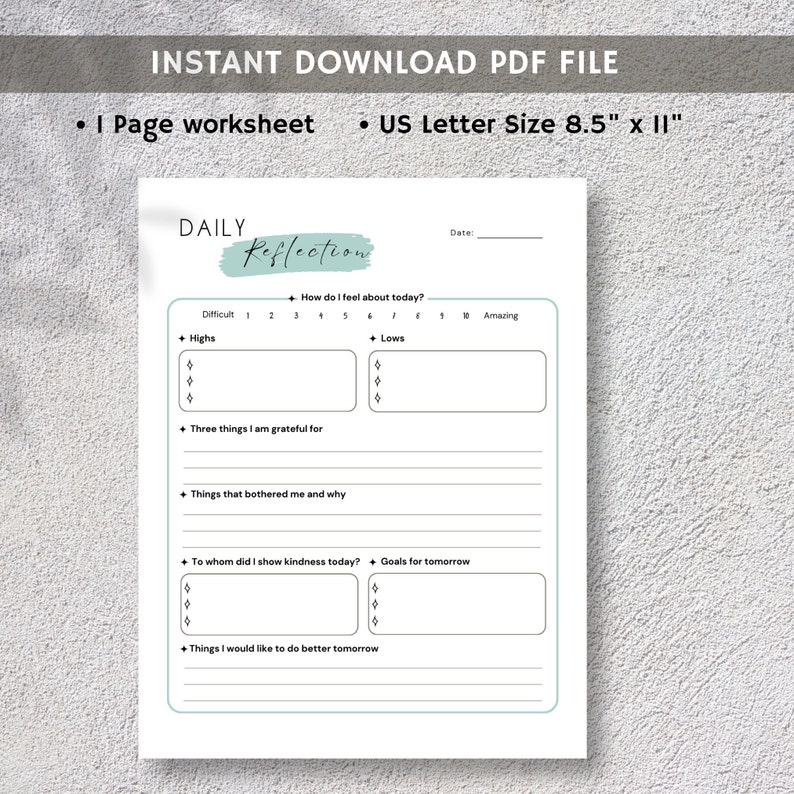 Daily Self-reflection Worksheet: Printable Journal Questions (PDF) - Etsy