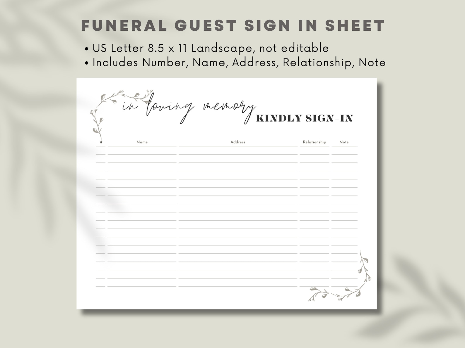 Funeral Guest Sign-in Sheet: Modern Leaf Guestbook Insert (PDF Download ...