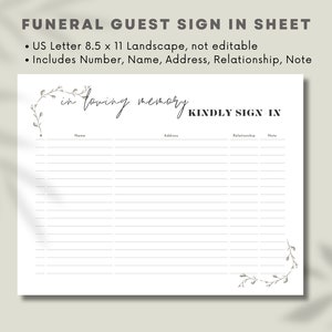 Funeral Guest Sign-in Sheet: Modern Leaf Guestbook Insert (PDF Download ...