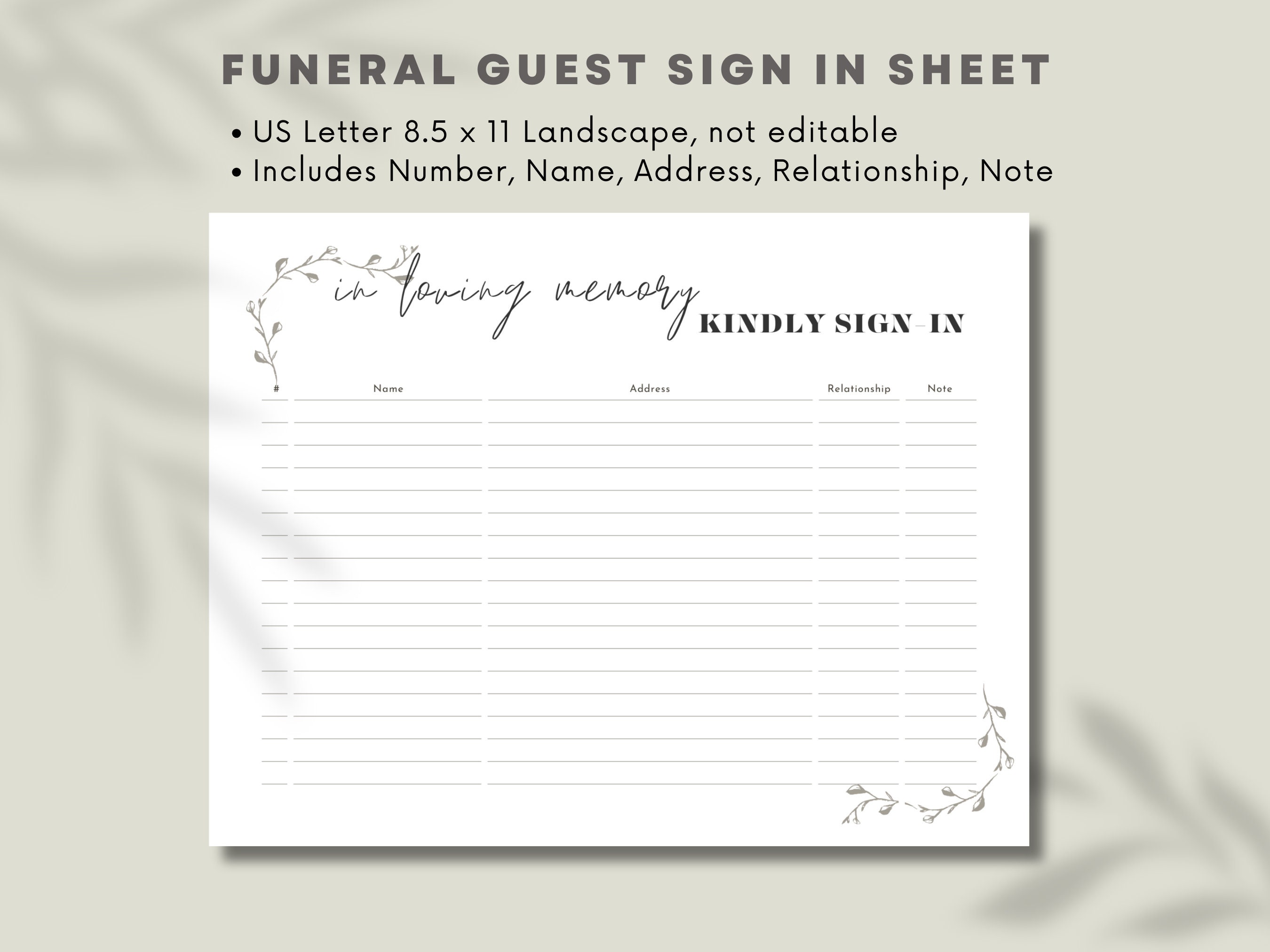 Funeral Guest Sign-in Sheet: Modern Leaf Guestbook Insert (PDF Download ...