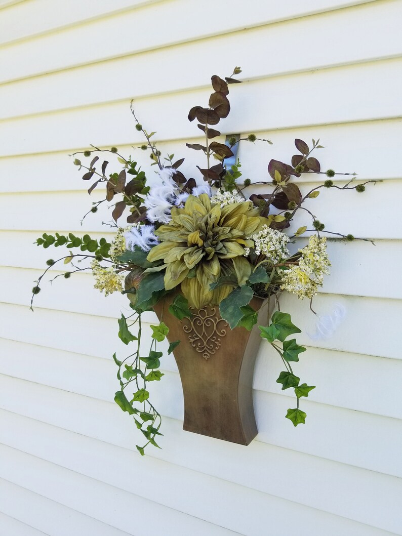 Fall Sage Green Metal Container Farmhouse Wreath Sunflower Wall Wreath ...