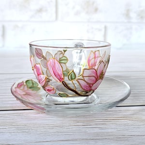Hand-painted Pink Magnolia Tea Cup and Saucer: Personalized Floral Tea ...