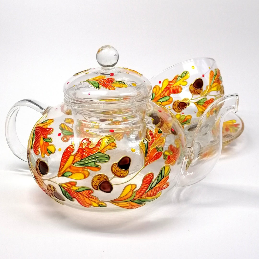 Acorn Tea Set Hand Painted Custom Fall Autumn Glass Tea Set for New ...