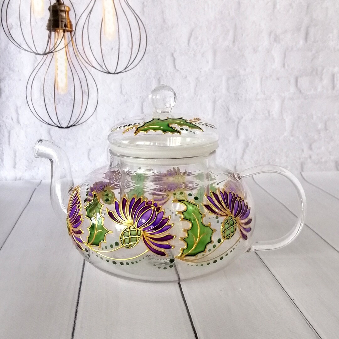 Scottish Thistle Glass Teapot Personalised Tea Pot With Infuser ...