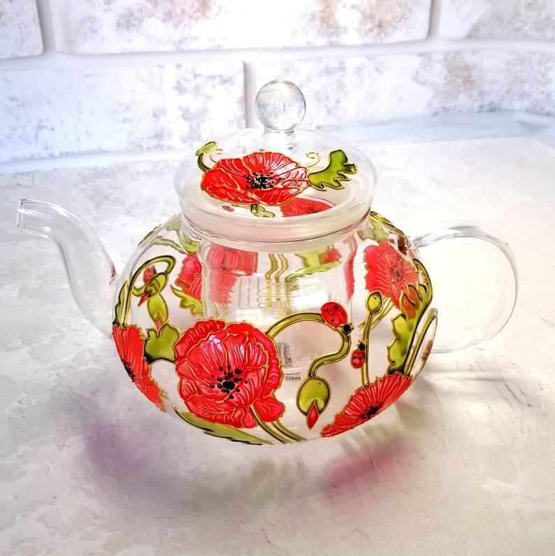 Poppy Glass Teapot With Infuser: Hand Painted Floral Tea Lover's Gift ...