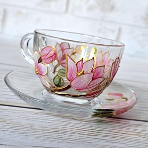 Hand-painted Pink Magnolia Tea Cup and Saucer: Personalized Floral Tea ...