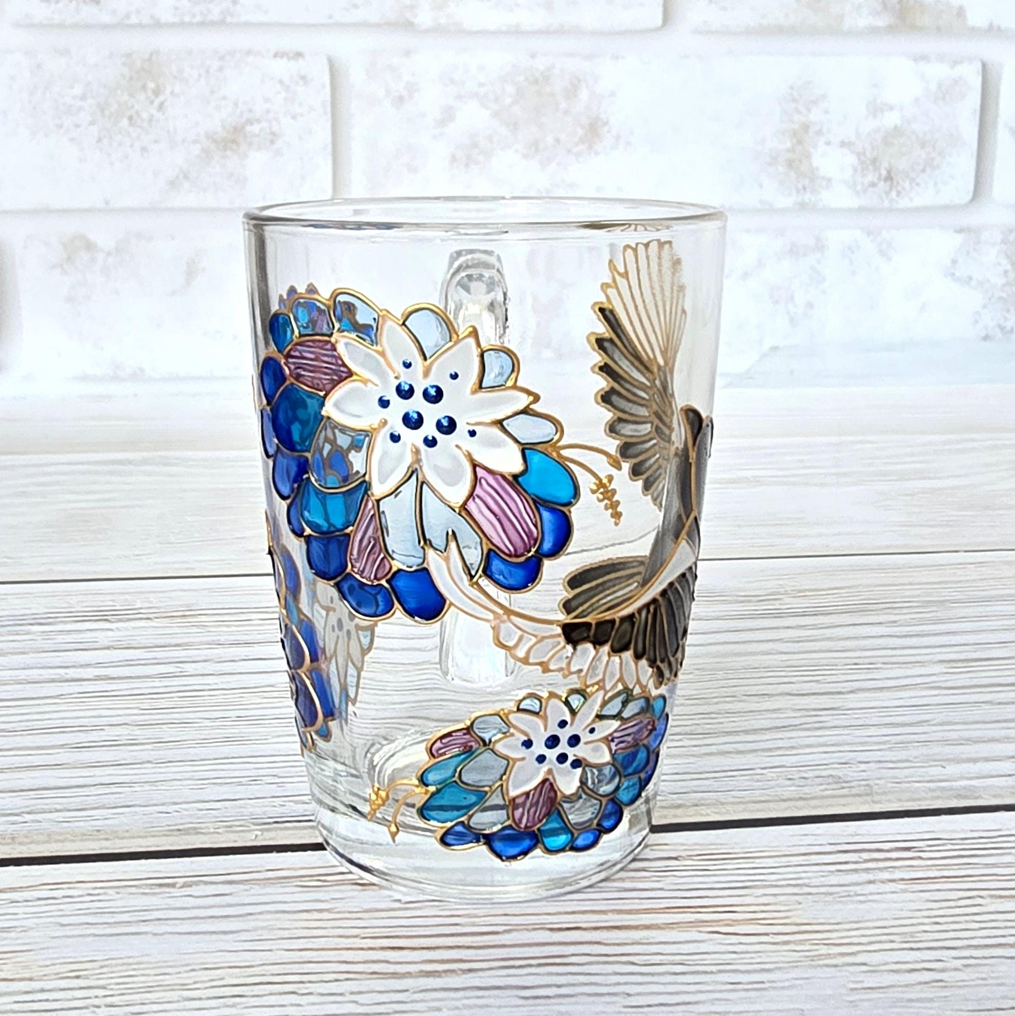 Personalized Magpie Glass Coffee Mug: Hand-painted Floral Bird Design ...