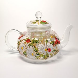 Hand-painted Daisy and Ladybug Glass Teapot With Infuser - Etsy