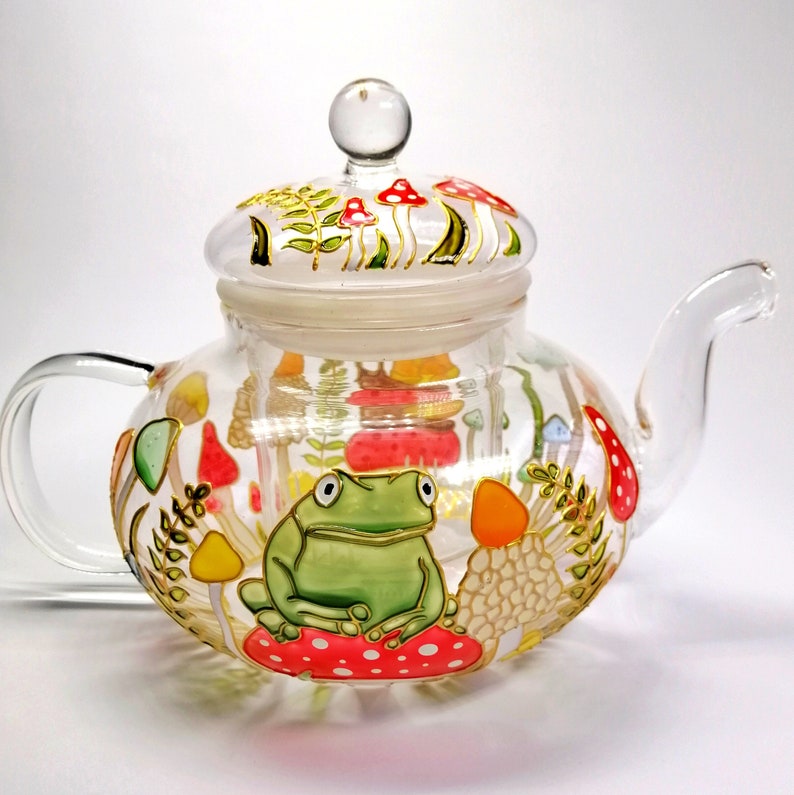 Hand Painted Frog Glass Teapot With Infuser: Mushroom Decor - Etsy