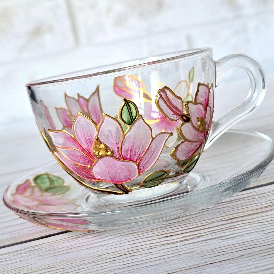 Hand-painted Pink Magnolia Tea Cup and Saucer: Personalized Floral Tea ...
