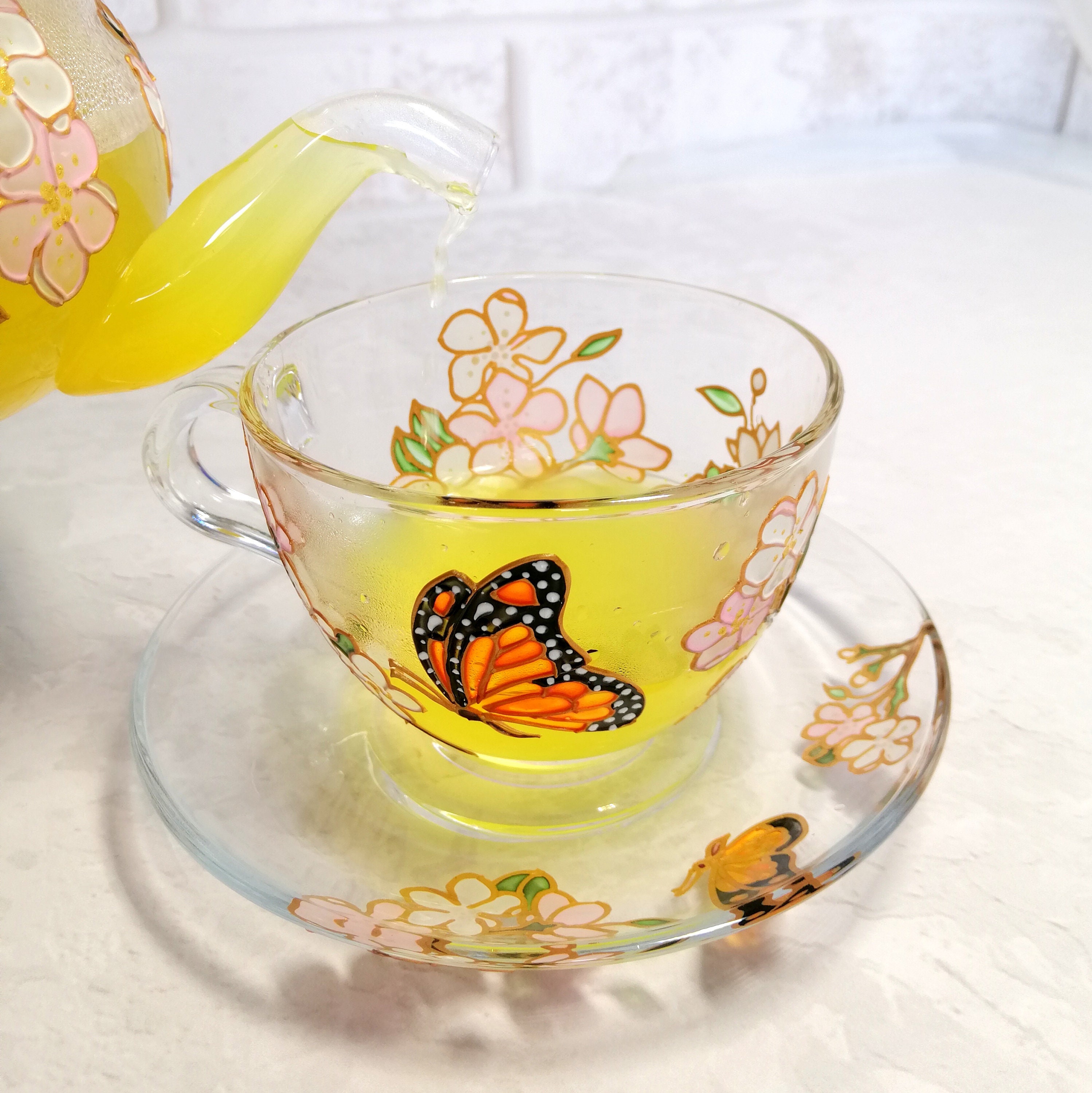 Personalized Butterfly Tea Set: Hand-painted Cherry Blossom Glass ...