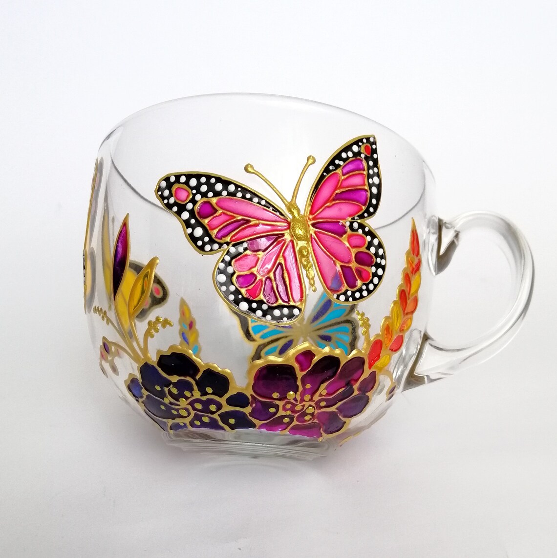 Butterfly Big Coffee Mug Personalised Glass Mug Hand Painted - Etsy