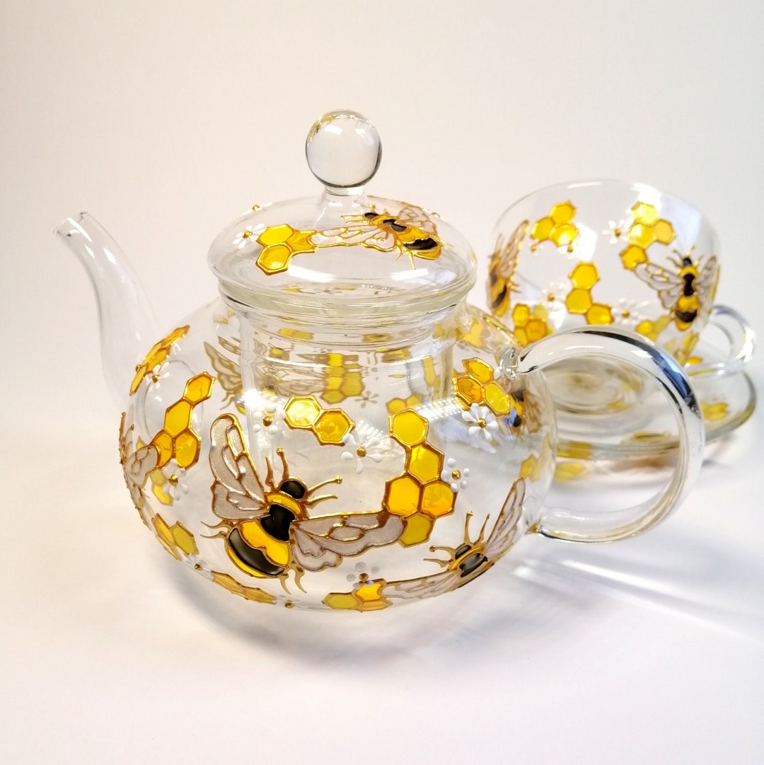 Bee and Honeycomb Tea Set Handpainted Tea Pot and Tea Cup With a Saucer Personalised Bee Mug Bee ...