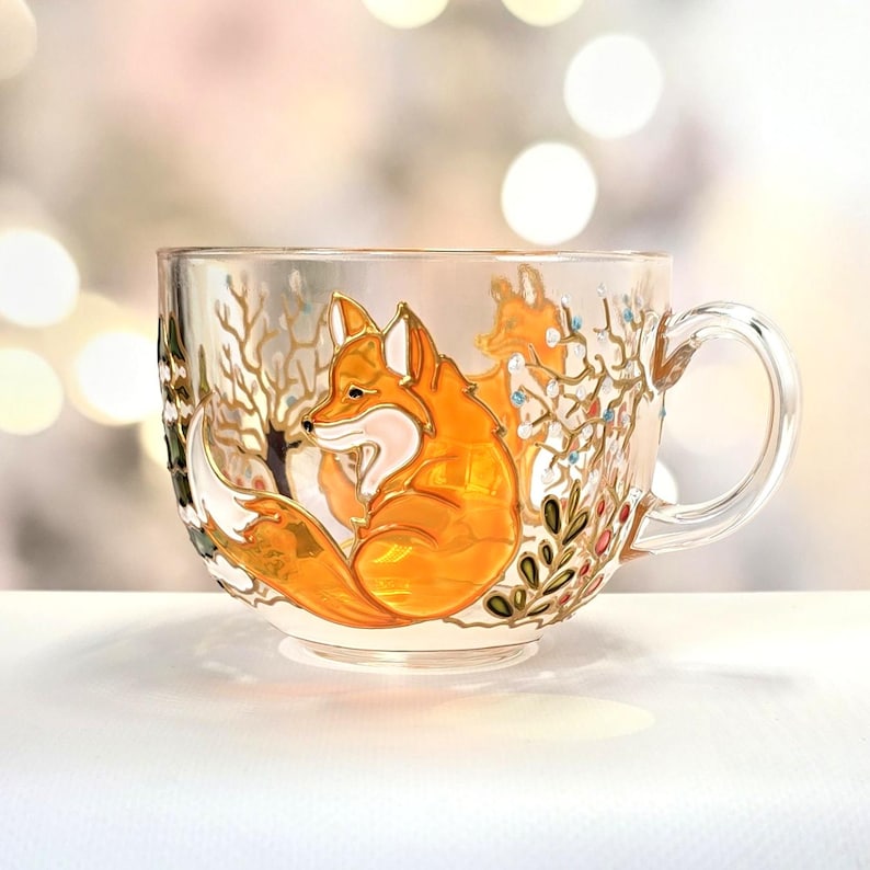 Hand Painted Fox Mug, Stained Glass Style Christmas Tea Cup, Winter ...