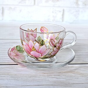 Hand-painted Pink Magnolia Tea Cup and Saucer: Personalized Floral Tea ...