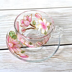 Hand-painted Pink Magnolia Tea Cup and Saucer: Personalized Floral Tea ...