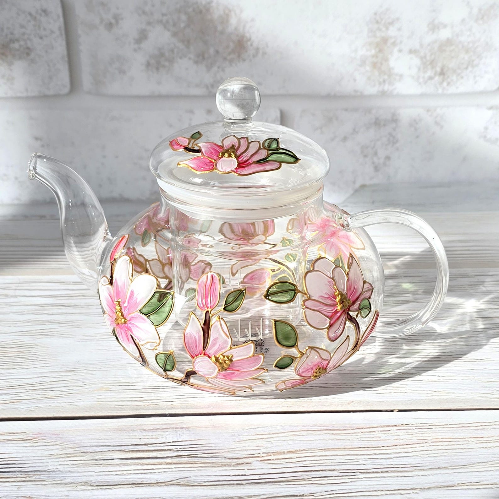 Personalized Pink Magnolia Teapot: Hand-painted Floral Glass Teapot ...