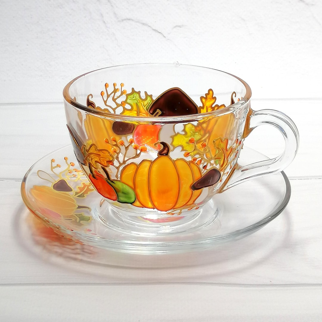 Pumpkin Tea Cup With Saucer Fall Mug Hand Painted Autumn Tea Set for ...