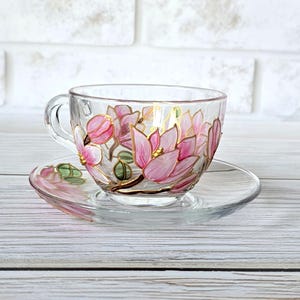 Hand-painted Pink Magnolia Tea Cup and Saucer: Personalized Floral Tea ...