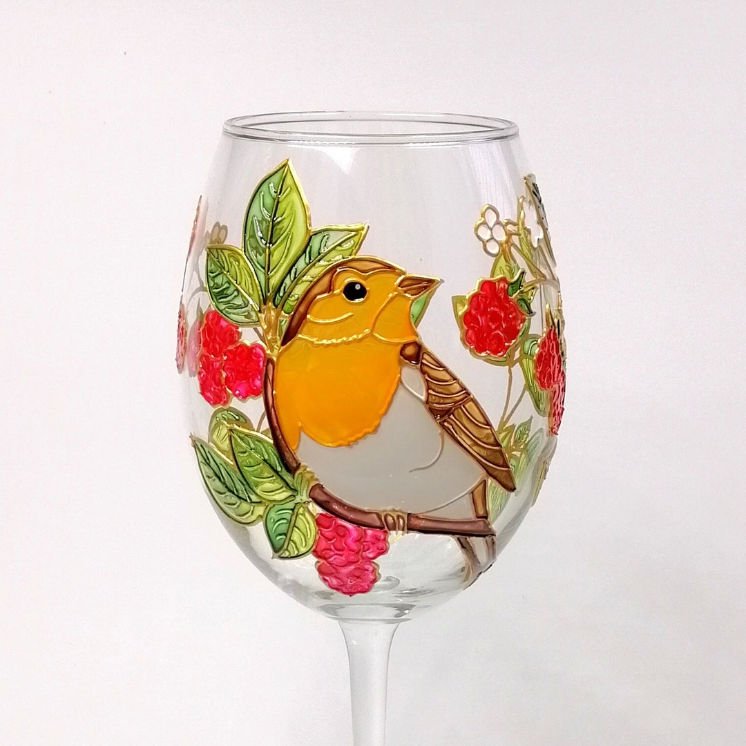 Hand Painted Robin Wine Glass: Raspberry Polymer Clay Accent - Etsy